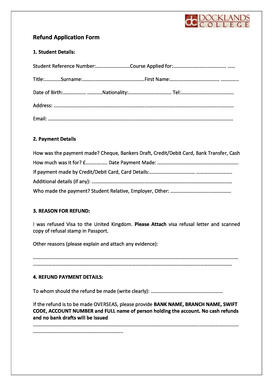 Fillable Online Refund Application Form - docklandscollegecom Fax Email ...