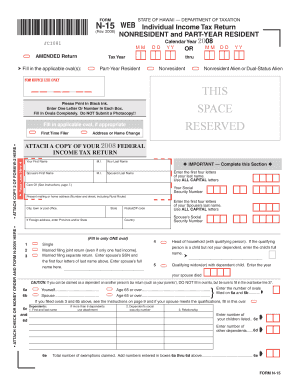 Fillable Online Form N-15 Rev 2008 State of Hawaii Non-ResidentPart-Year Resident Income Tax ...