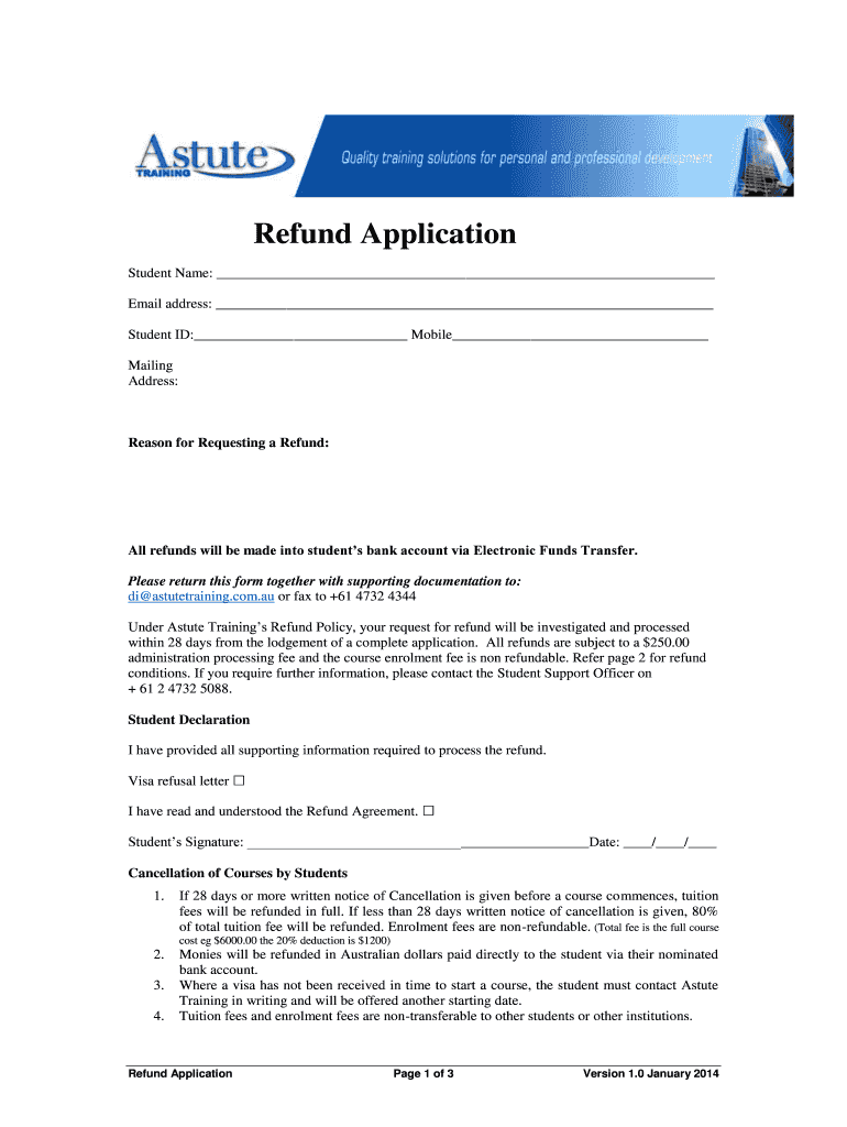 Fillable Online Application for Refund - Astute Training Fax Email ...