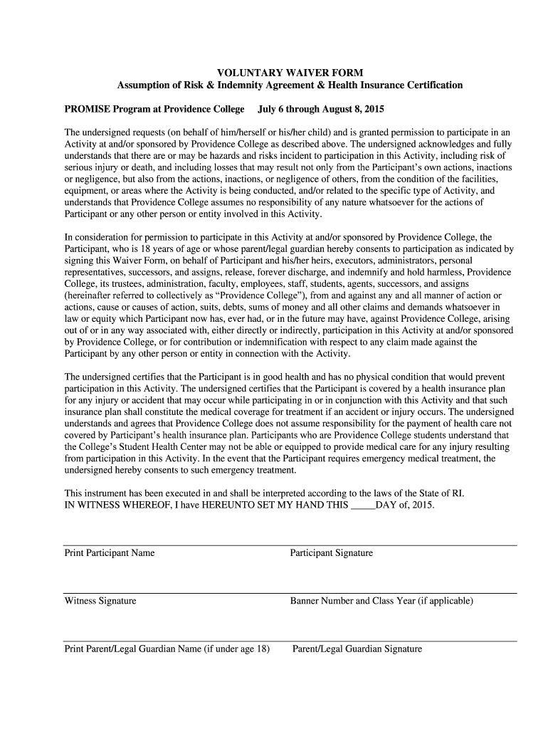 Fillable Online providence VOLUNTARY WAIVER FORM Assumption of Risk amp ...