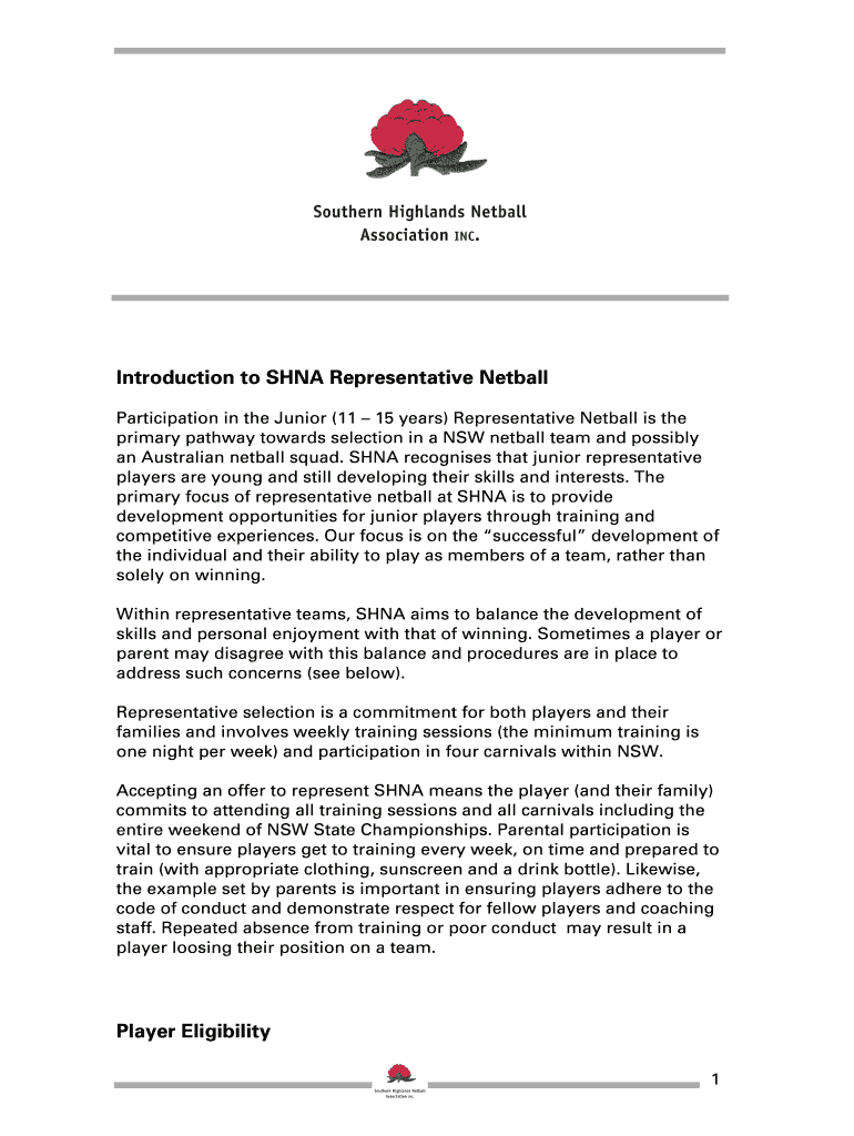 Fillable Online Introduction to SHNA Representative Netball Fax Email ...