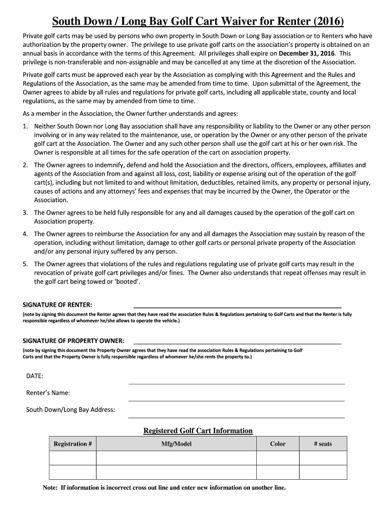 Fillable Online South Down Long Bay Golf Cart Waiver for Renter 2016 ...