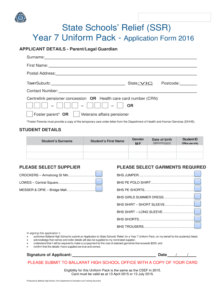 Fillable Online State Schools Relief SSR Year 7 Uniform Pack Fax Email ...