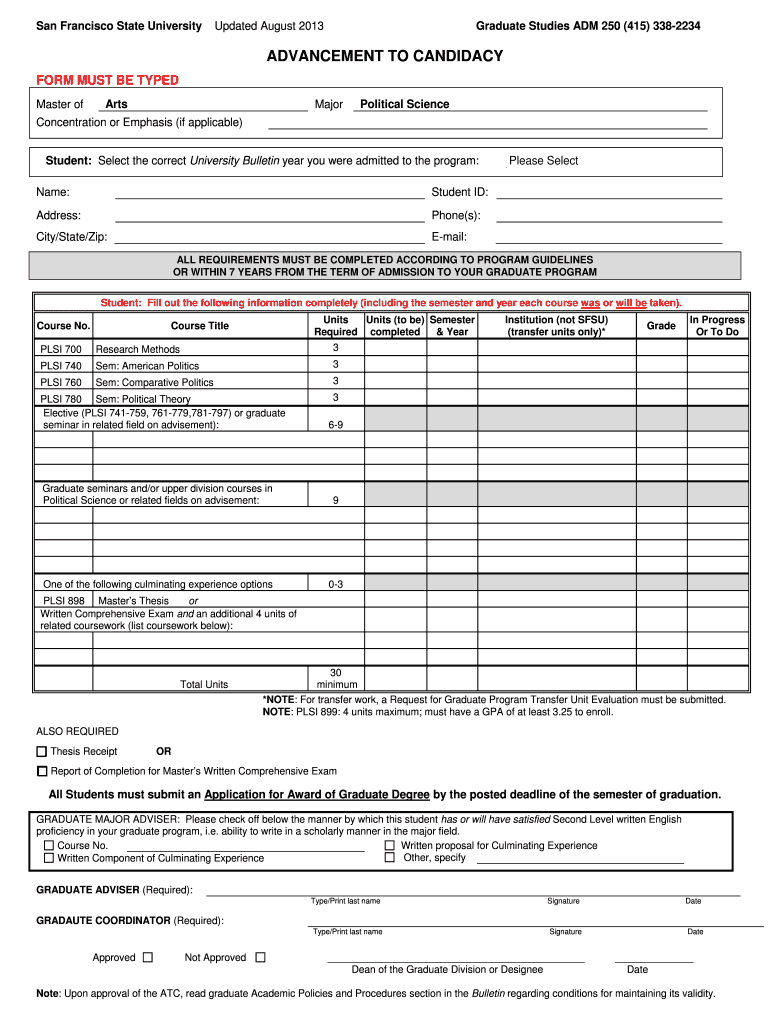 Fillable Online grad sfsu Student Select the correct University Bulletin year you were admitted ...
