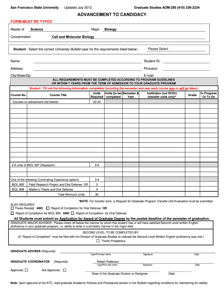 Fillable Online grad sfsu Units Units (to be) Semester & Fax Email Print - pdfFiller