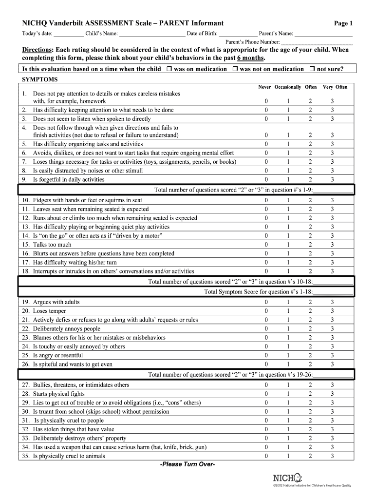NICHQ Vanderbilt Assessment Scale – Parent Informant - Blank Fillable ...
