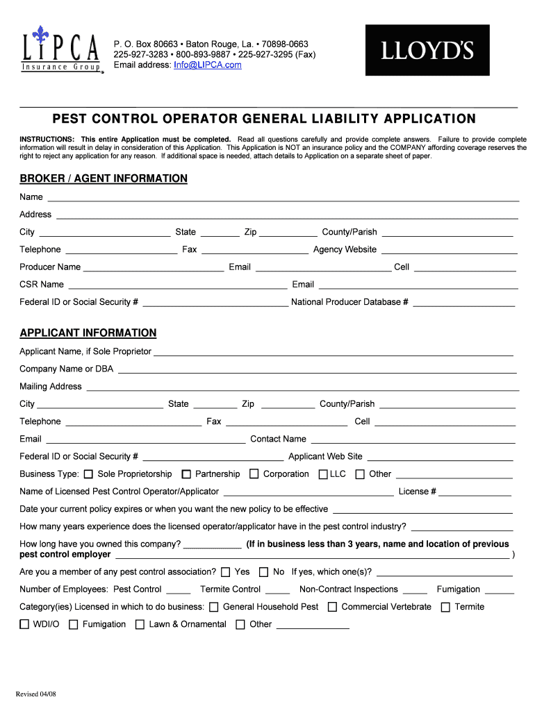 Fillable Online Bpestb control operator general liability bapplicationb - Regency bb Fax Email ...