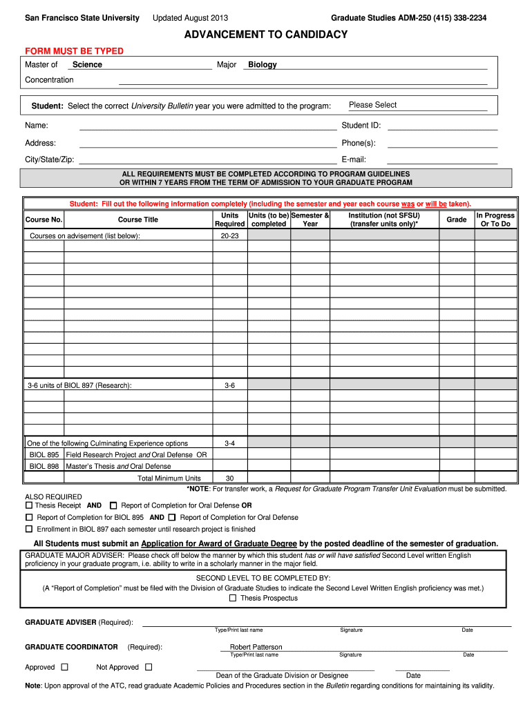 Fillable Online grad sfsu Courses on advisement (list below) Fax Email Print - pdfFiller
