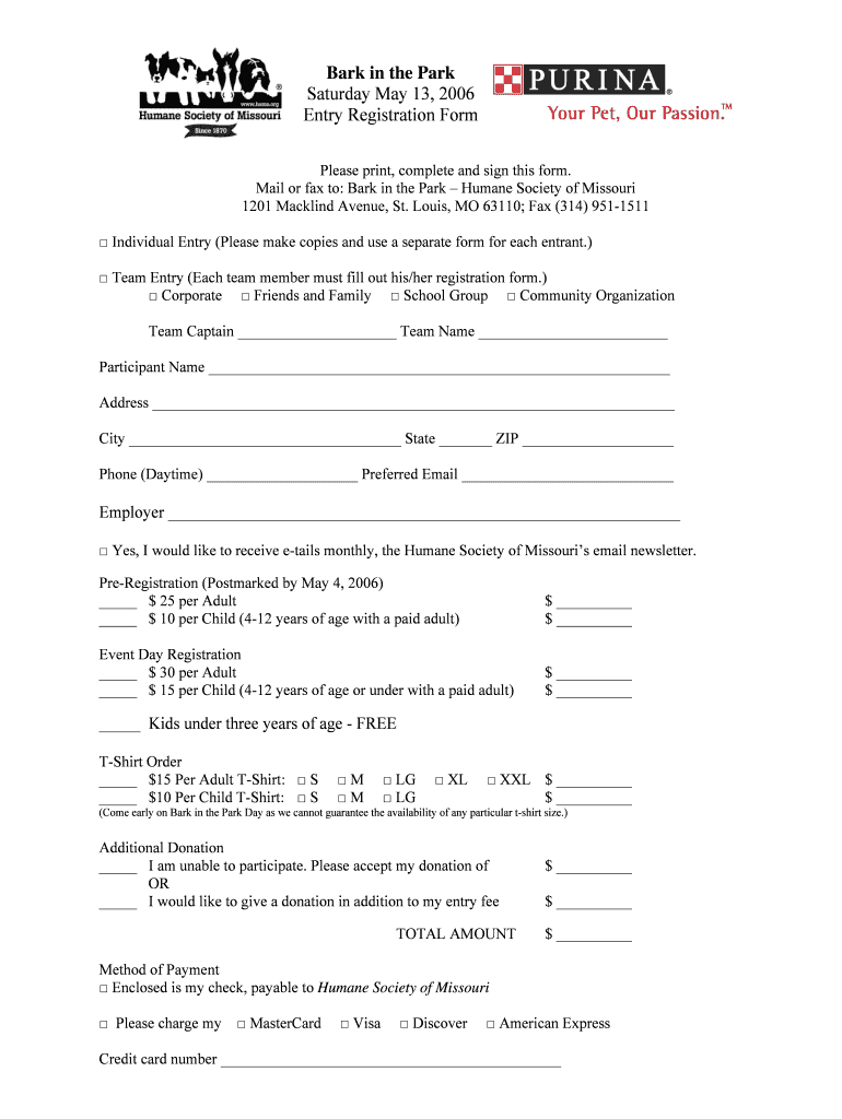 Fillable Online hsmo convio Bark in the Park 2006 printable registration form.doc - hsmo convio ...