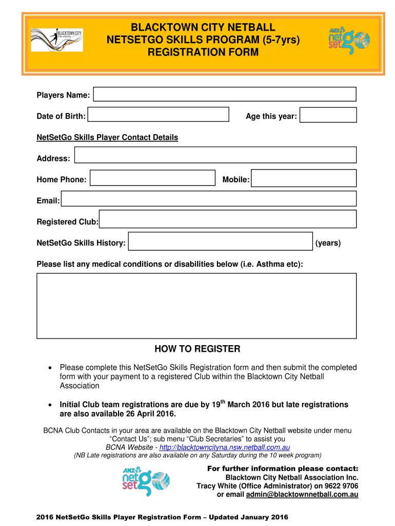 Fillable Online BLACKTOWN CITY NETBALL NETSETGO SKILLS PROGRAM 5-7yrs ...