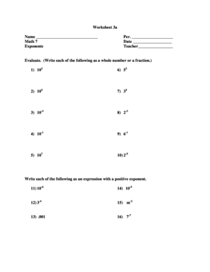 Fillable Online midlakes Worksheet 3a Name Per Math 7 Date Exponents ...