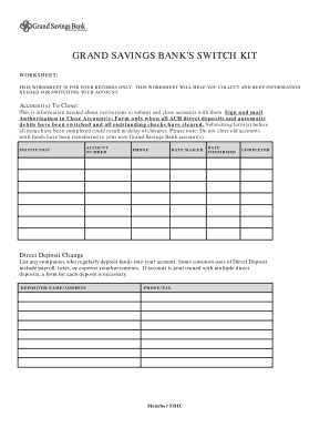 Fillable Online To download Grand Savings Banks Switch Kit Worksheet ...