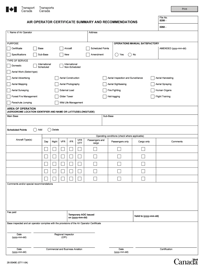 Fillable Online AIR OPERATOR CERTIFICATE SUMMARY AND RECOMMENDATIONS ...
