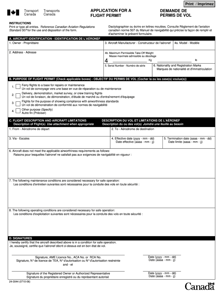 Fillable Online APPLICATION FOR A DEMANDE DE FLIGHT PERMIT PERMIS DE ...