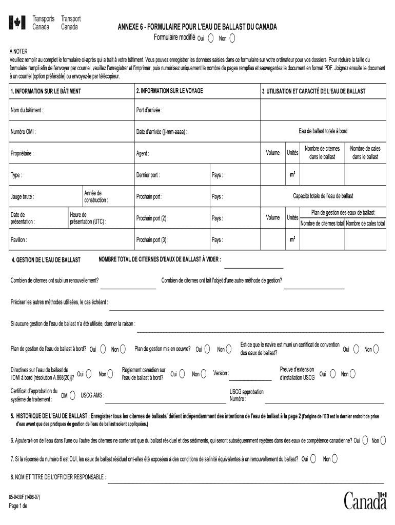Fillable Online ANNEXE 6 FORMULAIRE POUR L 'EAU DE BALLAST DU CANADA ...