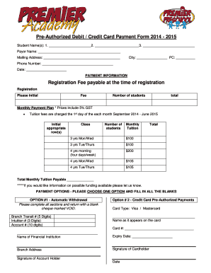 Fillable Online Pre-Authorized Debit Credit Card Payment Form 2014 Fax ...