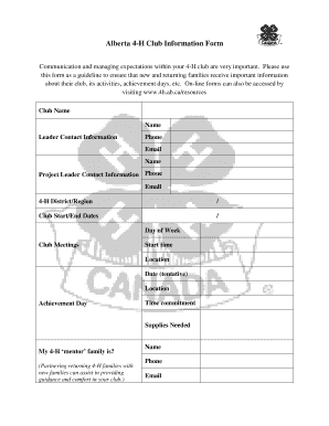 Fillable Online www1 agric gov ab Alberta 4-H Club Information Form ...