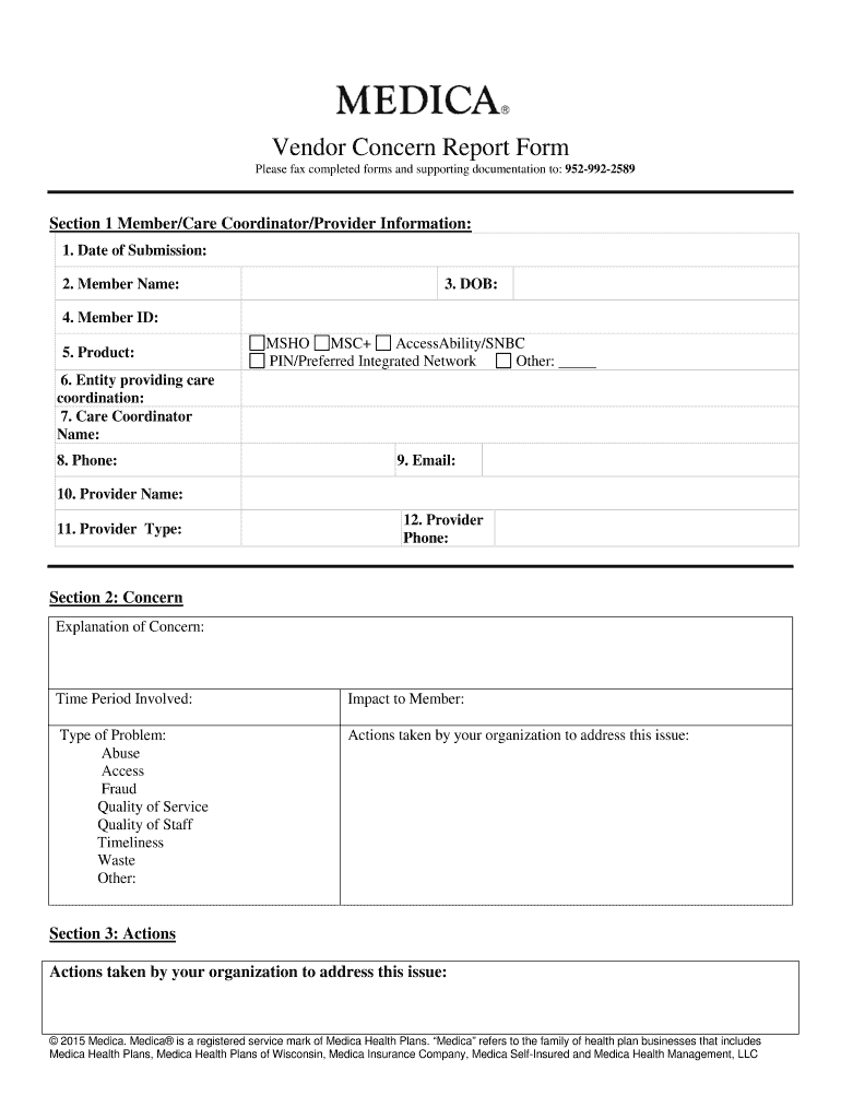 Fillable Online Vendor Concern Report Form - medicacom Fax Email Print ...