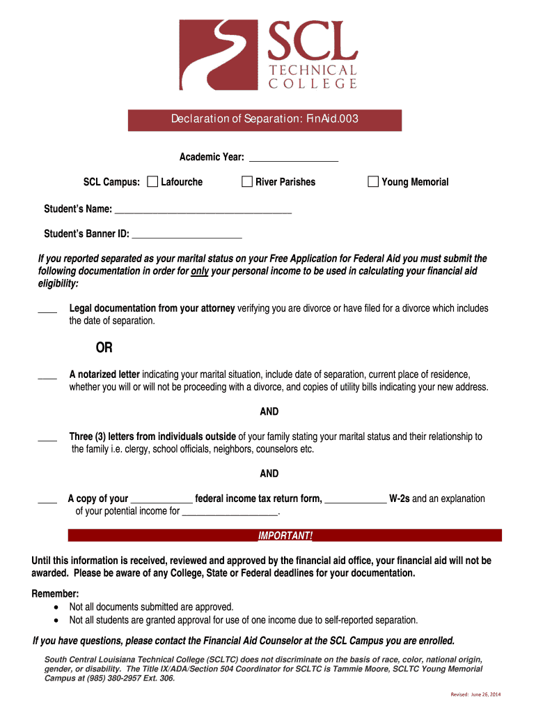 Fillable Online Declaration of Separation FinAid - scledu Fax Email ...