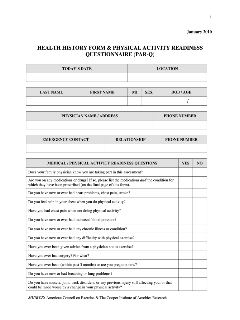 Fillable Online health history form & physical activity readiness ...