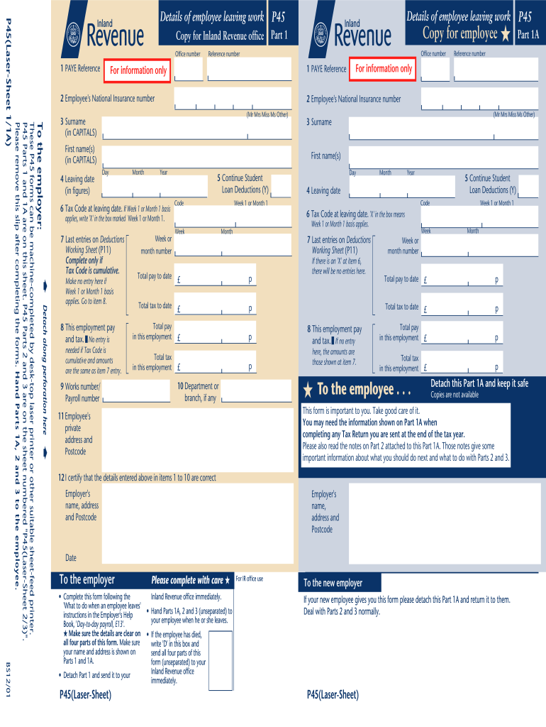 Fillable Online ihthealthcheck co Details of employee leaving work P45 ...
