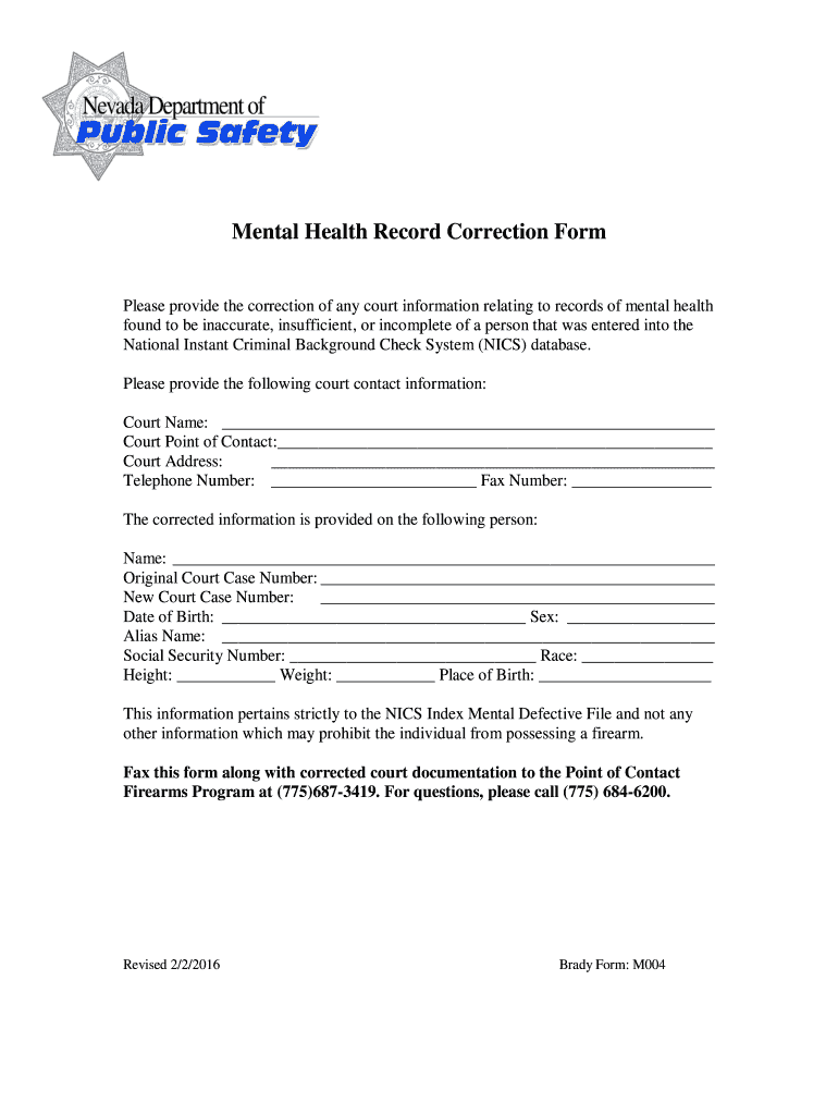 Fillable Online Mental Health Record Correction Form - gsdnvgov Fax ...