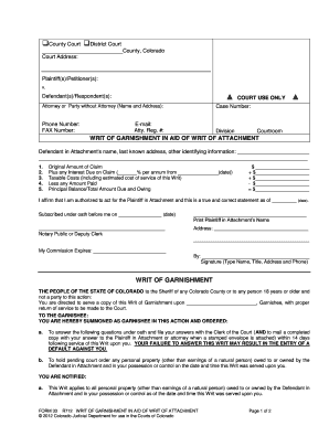 Fillable Online courts state co WRIT OF GARNISHMENT IN AID OF WRIT OF ...