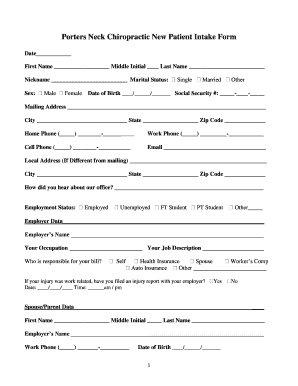 Fillable Online Porters Neck Chiropractic New Patient Intake Form Fax ...