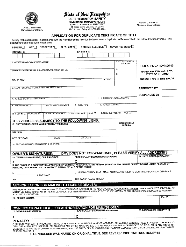 Fillable Online chichesternh App For Dup Certificate of bTitleb - Chichester NH - chichesternh ...