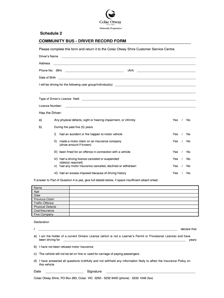 Fillable Online Schedule 2 COMMUNITY BUS - DRIVER RECORD FORM Fax Email ...