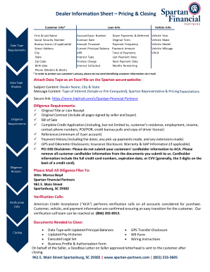 Fillable Online Dealer Information Sheet Pricing Closing Fax Email ...