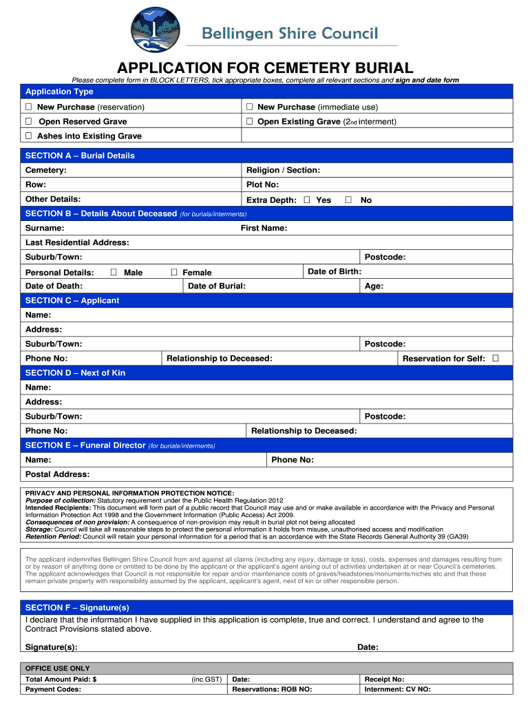 Fillable Online bellingen nsw gov Application for Cemetery Burial ...