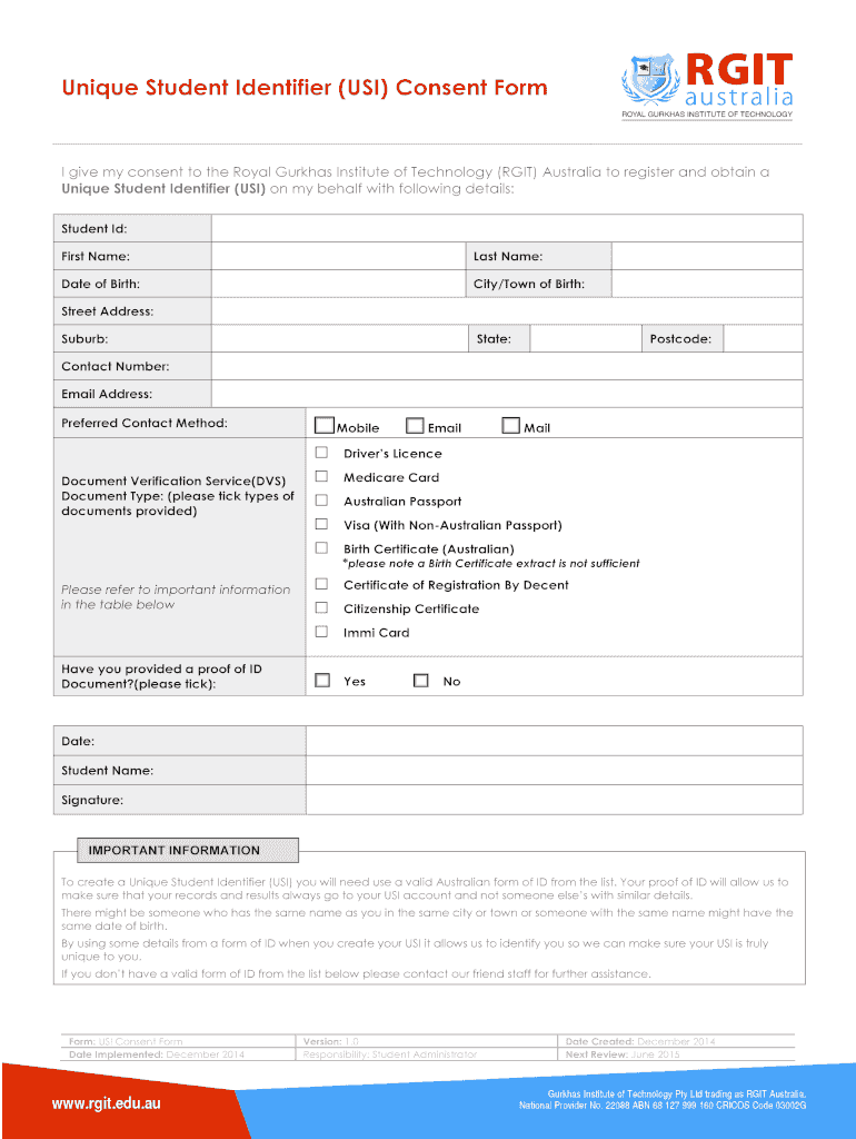 Fillable Online Unique Student Identifier USI Consent Form - RGIT ...