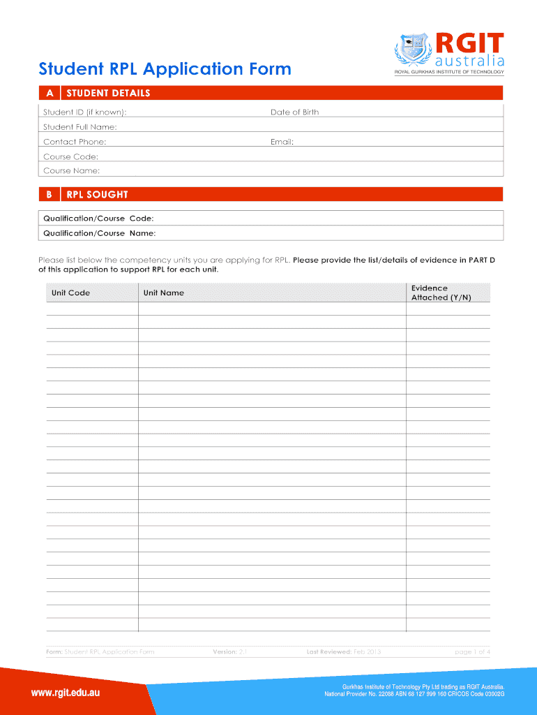 Fillable Online RPL Application Form - RGIT Australia Fax Email Print ...