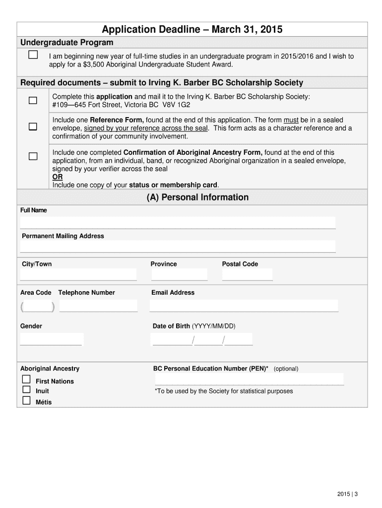 Fillable Online ikbbc The Aboriginal Undergraduate Student Award - ikbbcca Fax Email Print ...