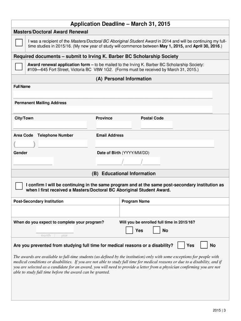 Fillable Online ikbbc The BC Aboriginal Student Award (Masters/Doctoral Renewal) Fax Email Print ...