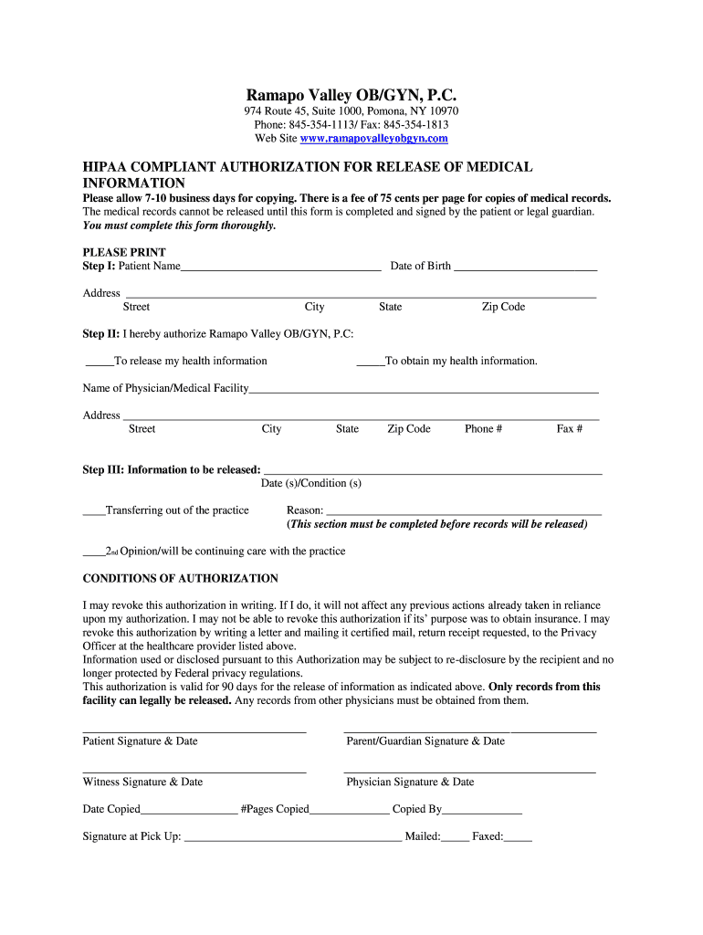 Fillable Online HIPAA COMPLIANT AUTHORIZATION FOR RELEASE OF Fax Email ...