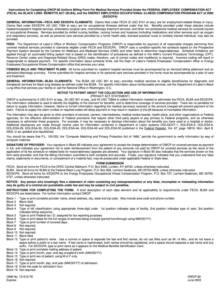 Fillable Online Instructions for Completing OWCP-92 Uniform Billing ...