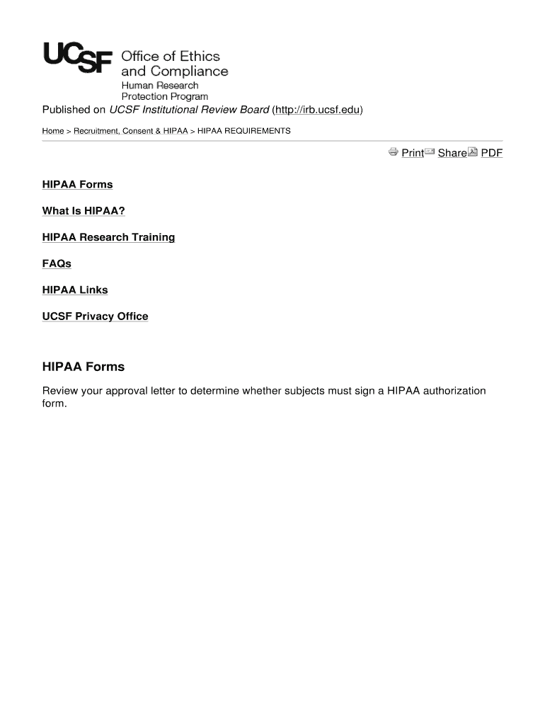 Fillable Online irb ucsf HIPAA Requirements and Forms for Research - Fax Email Print - pdfFiller