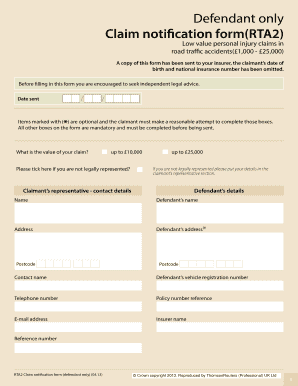 Fillable Online Claim notification formRTA2 - Westlaw UK Fax Email Print - pdfFiller