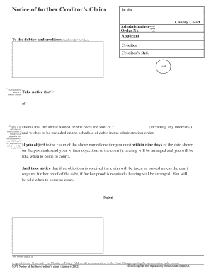 Fillable Online Notice of further Creditors Claim - wbuswestlawcouk Fax ...