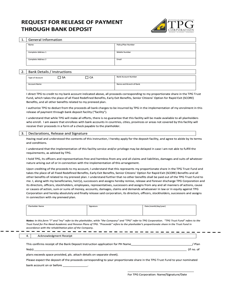 Fillable Online REQUEST FOR RELEASE OF PAYMENT THROUGH BANK DEPOSIT ...