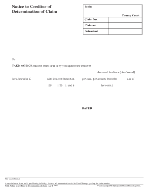 Fillable Online Notice to Creditor of In the Determination of Claim Fax ...