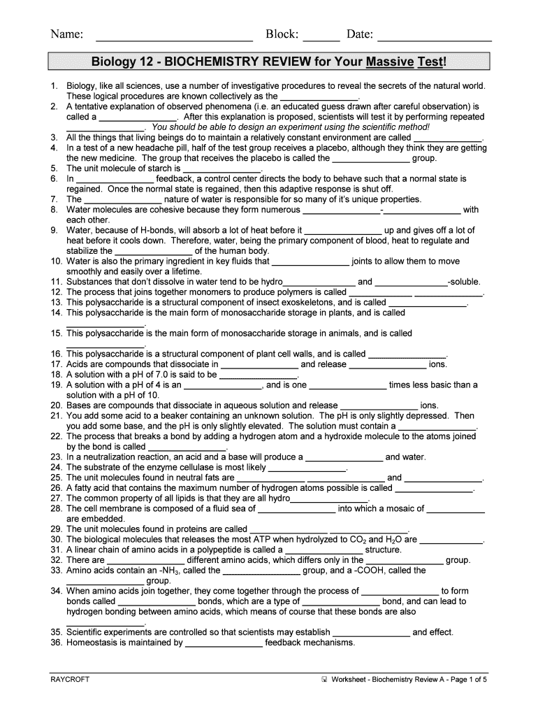Fillable Online Worksheet - Biochemistry Review A Fax Email Print ...