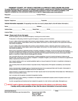 Fillable Online fremontcountywy VEHICLE RECORD and PRIVACY DISCLOSURE ...