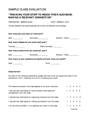 Fillable Online appl SAMPLE CLASS EVALUATION - Association of Partners ...