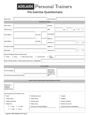 Fillable Online Pre-Exercise Questionnaire - Adelaide Personal Fax ...