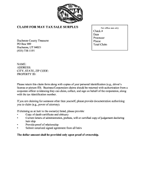 Fillable Online CLAIM FOR MAY TAX SALE SURPLUS For office use only Fax ...