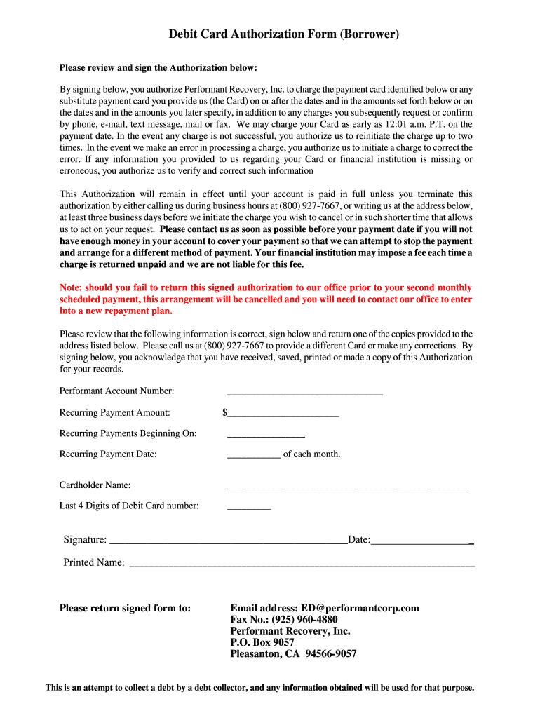 Fillable Online Debit Card Authorization Form Borrower Fax Email Print ...