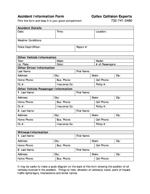 Fillable Online Accident Information Form Collex Collision Experts 732 ...